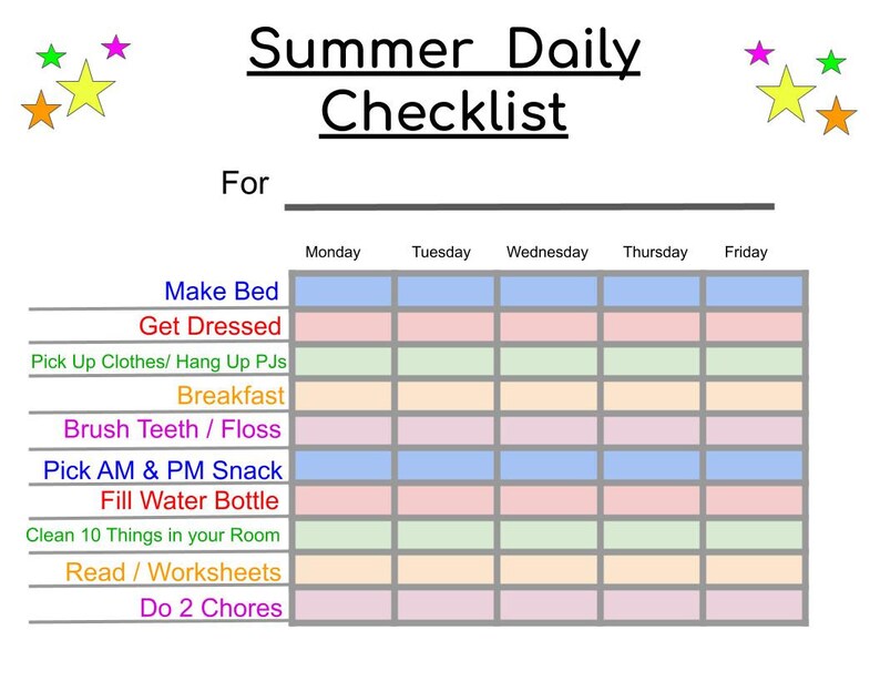 Printable Summer Week Day Daily Checklist, Printable Digital Download ...