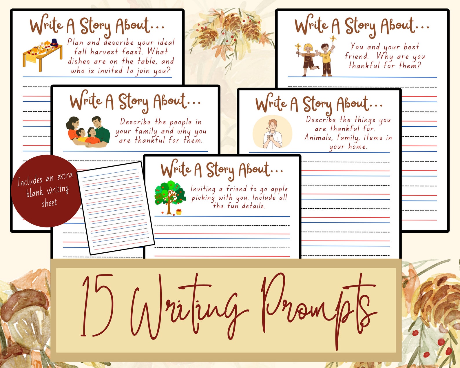 Autumn and Thanksgiving Writing Prompts for Beginners With Lined ...