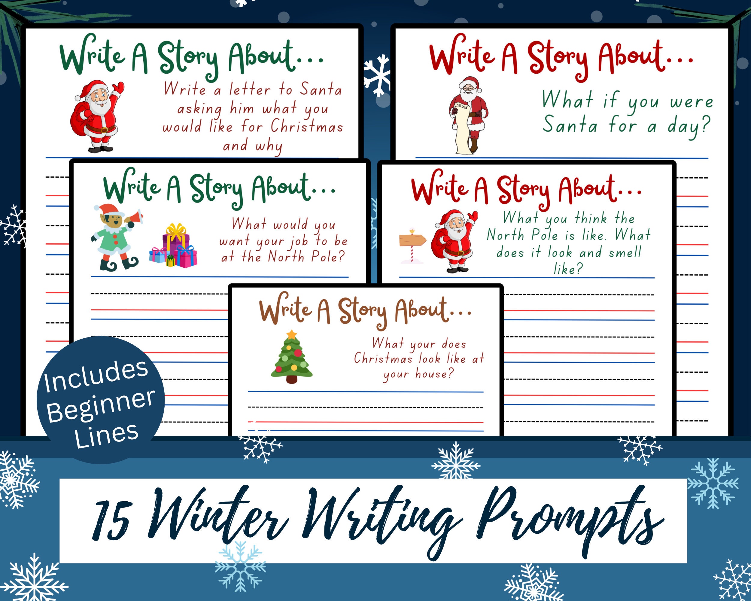 15 Winter and Christmas Writing Prompts With Beginner Lined Paper - Etsy