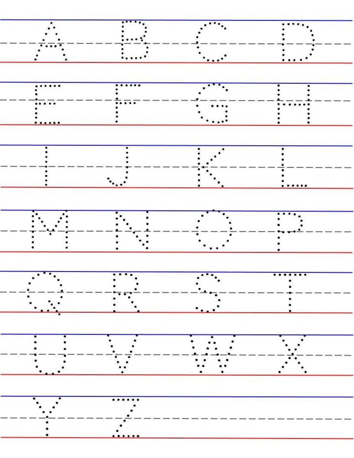 Traceable Capital Letters Alphabet Lined Paper Red Bottom, Blue Top ...