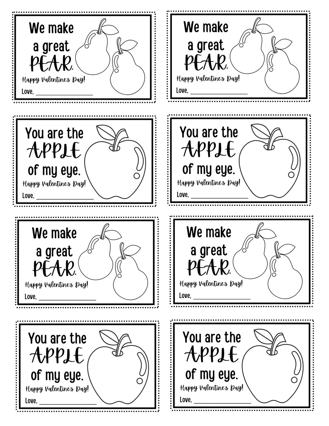Printable Apple and Pear Valentine's Day Cards, Digital Download - Etsy