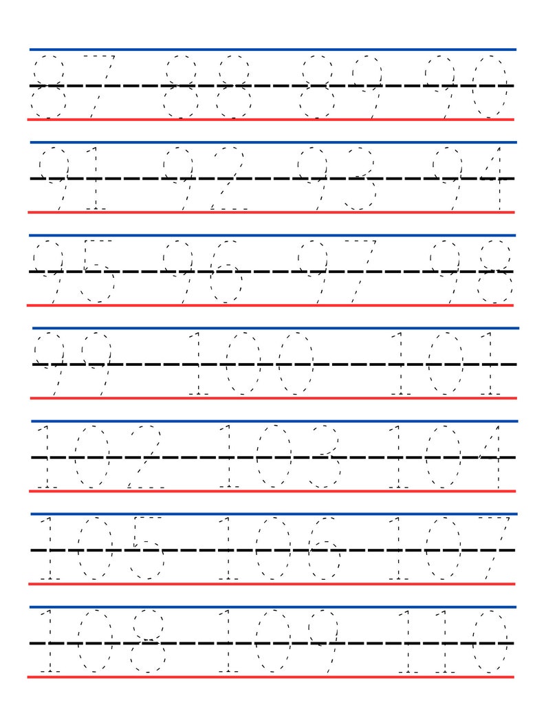 Traceable Numbers 1-110, Lined Paper Red Bottom, Blue Top, Writing ...