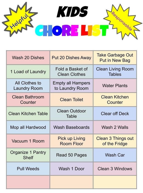 Printable Kids Chore List Printable Digital Download Daily - Etsy