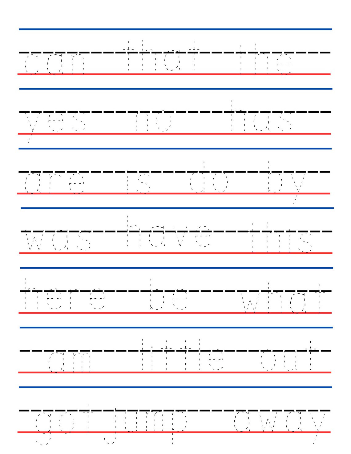 62 Traceable Sight Words, Lined Paper Red Bottom, Blue Top, Writing ...