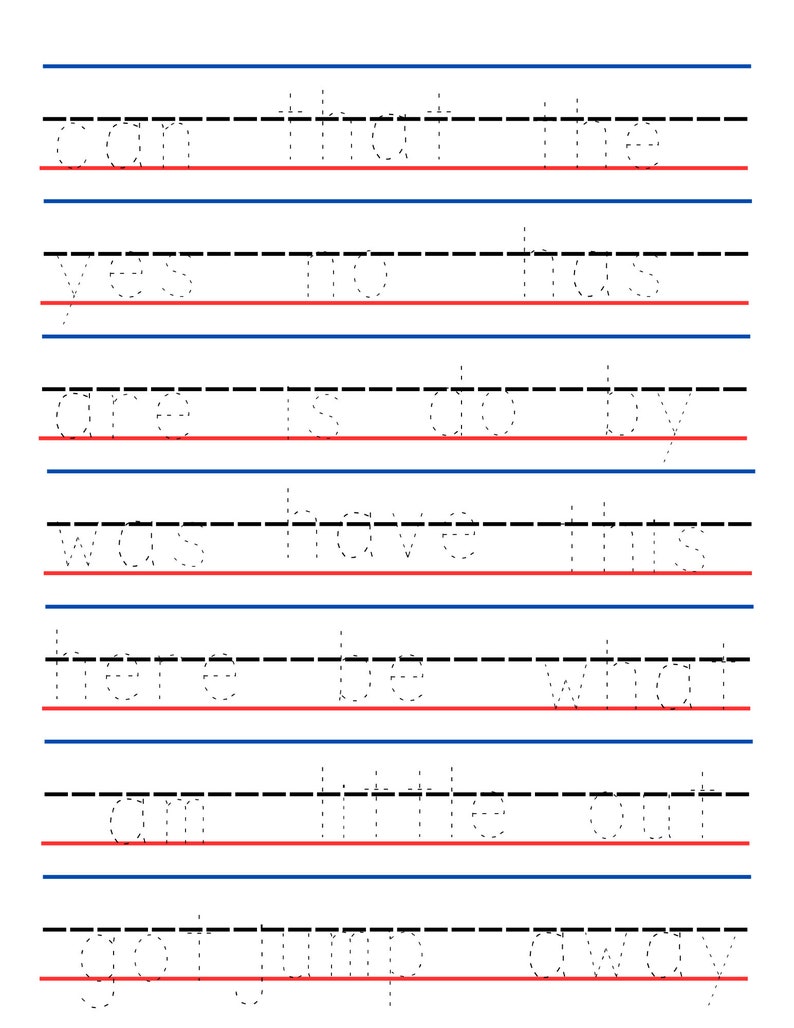 62 Traceable Sight Words, Lined Paper Red Bottom, Blue Top, Writing ...