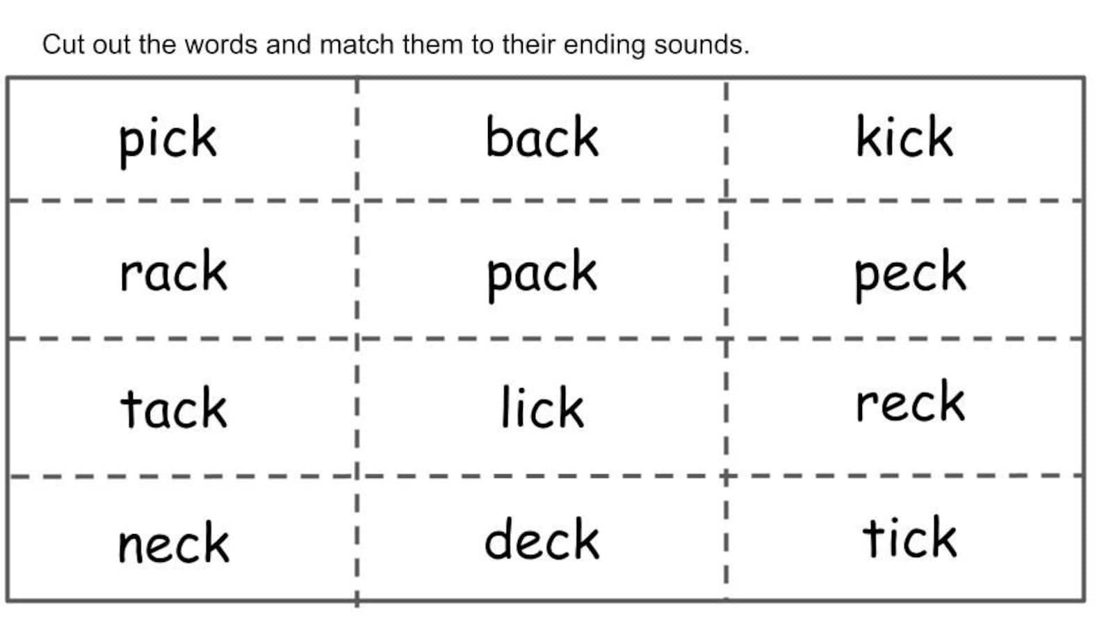 Ending Sound Match -ick, Ack, Eck - Printable Worksheet Digital ...