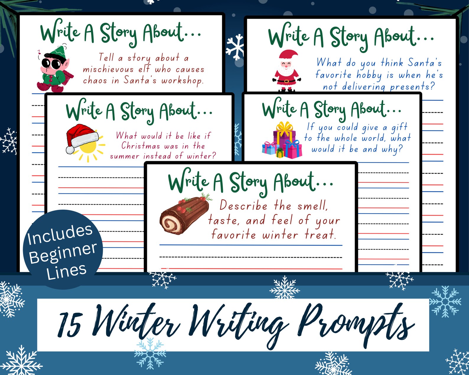 15 Winter and Christmas Writing Prompts With Beginner Lined Paper - Etsy