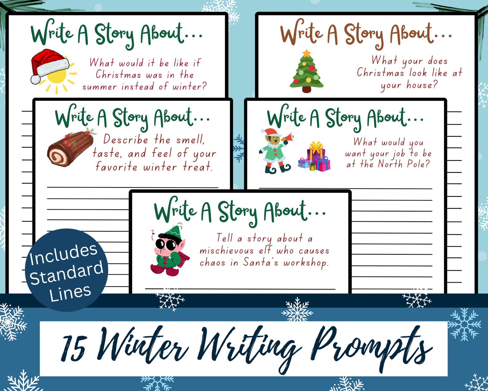 15 Winter and Christmas Writing Prompts With Beginner Lined Paper - Etsy