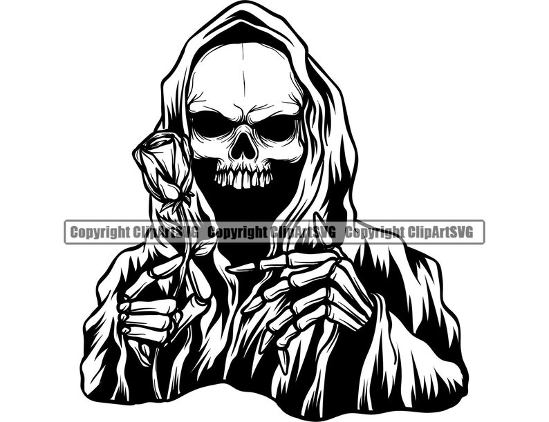 Grim Reaper Skull Skeleton Grin Grinning Cloak Robe Rose Death - Etsy