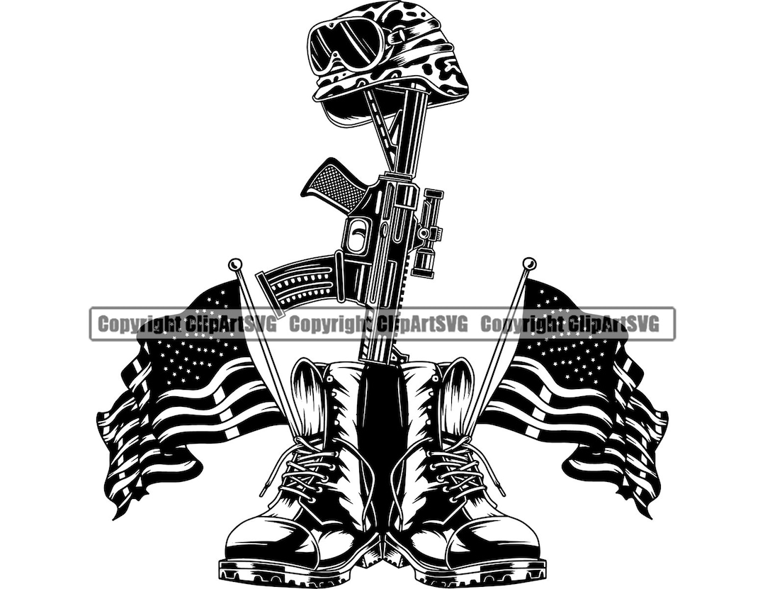 Military Boots Dog Tags Fallen Soldier Vet War Hero Art US Veteran Gun ...