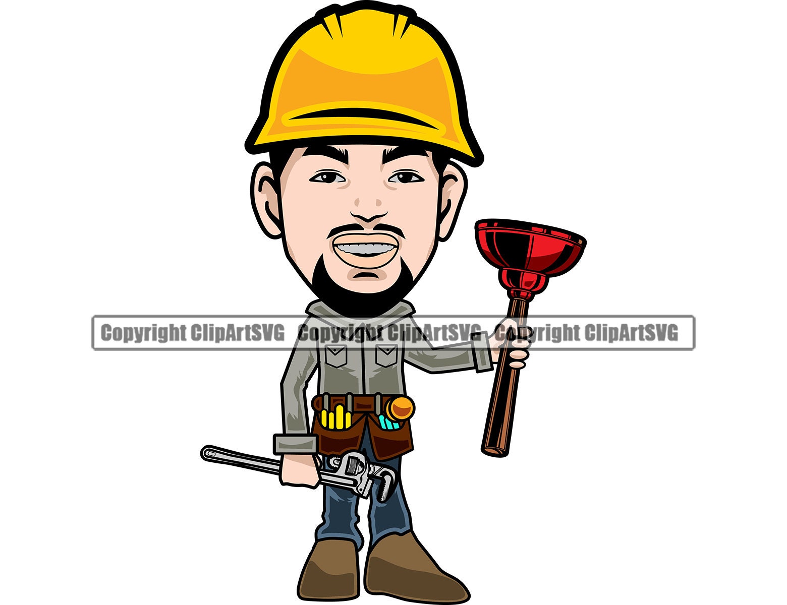 Plumbing Cartoon Man Plunger Pipe Wrench Repair Fix Service | Etsy