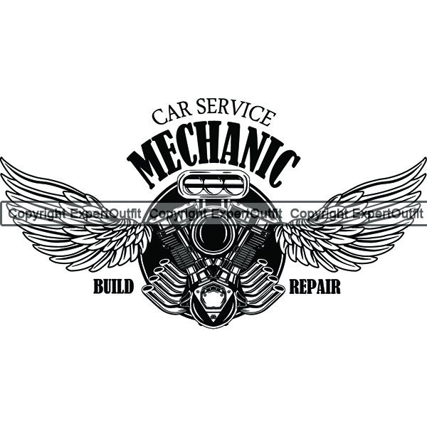 Mechanic Logo Engine Block Wings Wrench Power Motorcycle Car Service ...