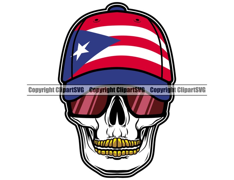 Puerto Rico Rican Flag Skull Gold Teeth Hat Sunglasses Country Nation ...