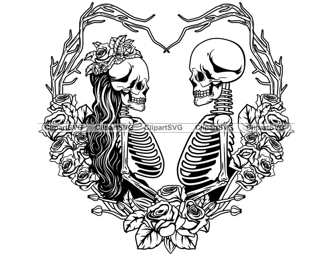 Skull Wedding Skeleton Husband Wife Couple Love Flower Holiday Romance ...