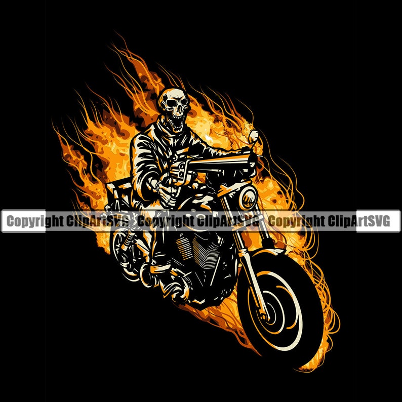 Motorcycle Skull Skeleton Gun Pistol Flames Custom Bike Repair Shop ...