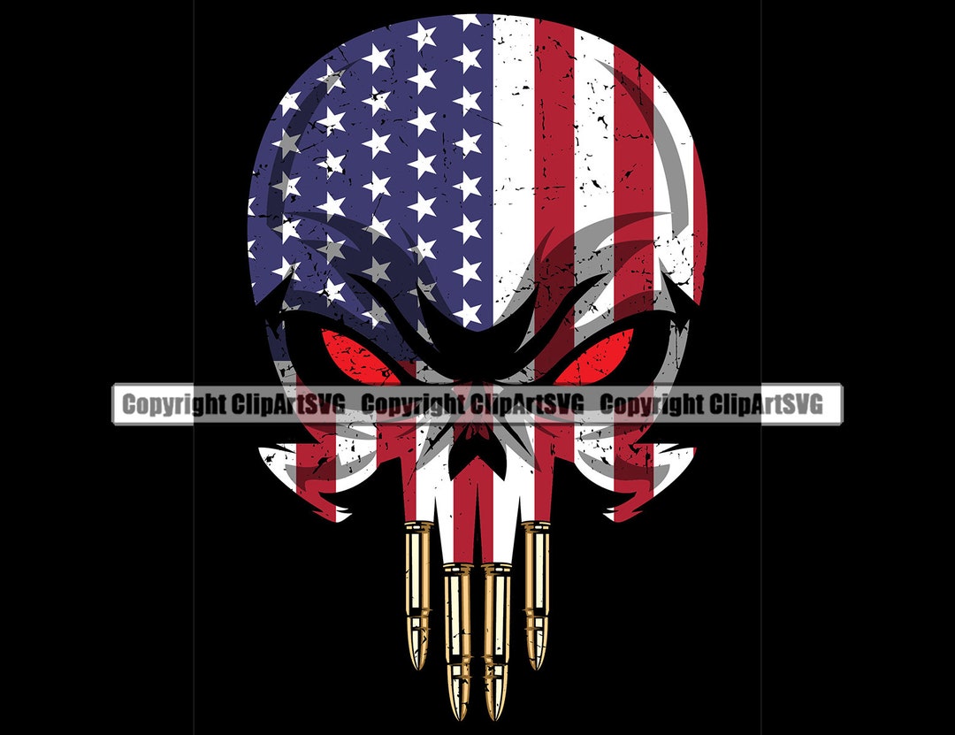 Machine Gun Bullet Teeth Skull USA Flag Skeleton American Soldier Vet ...
