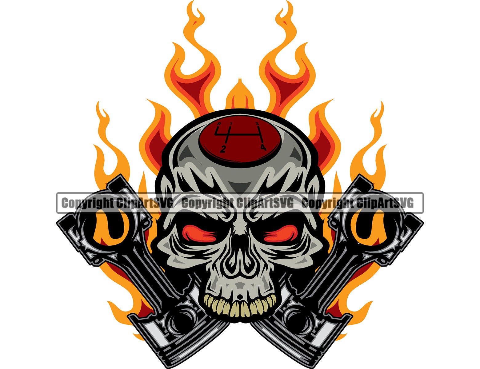 Skull Skeleton Car Racing Piston Fire Flames Bike Repair Shop Biker ...