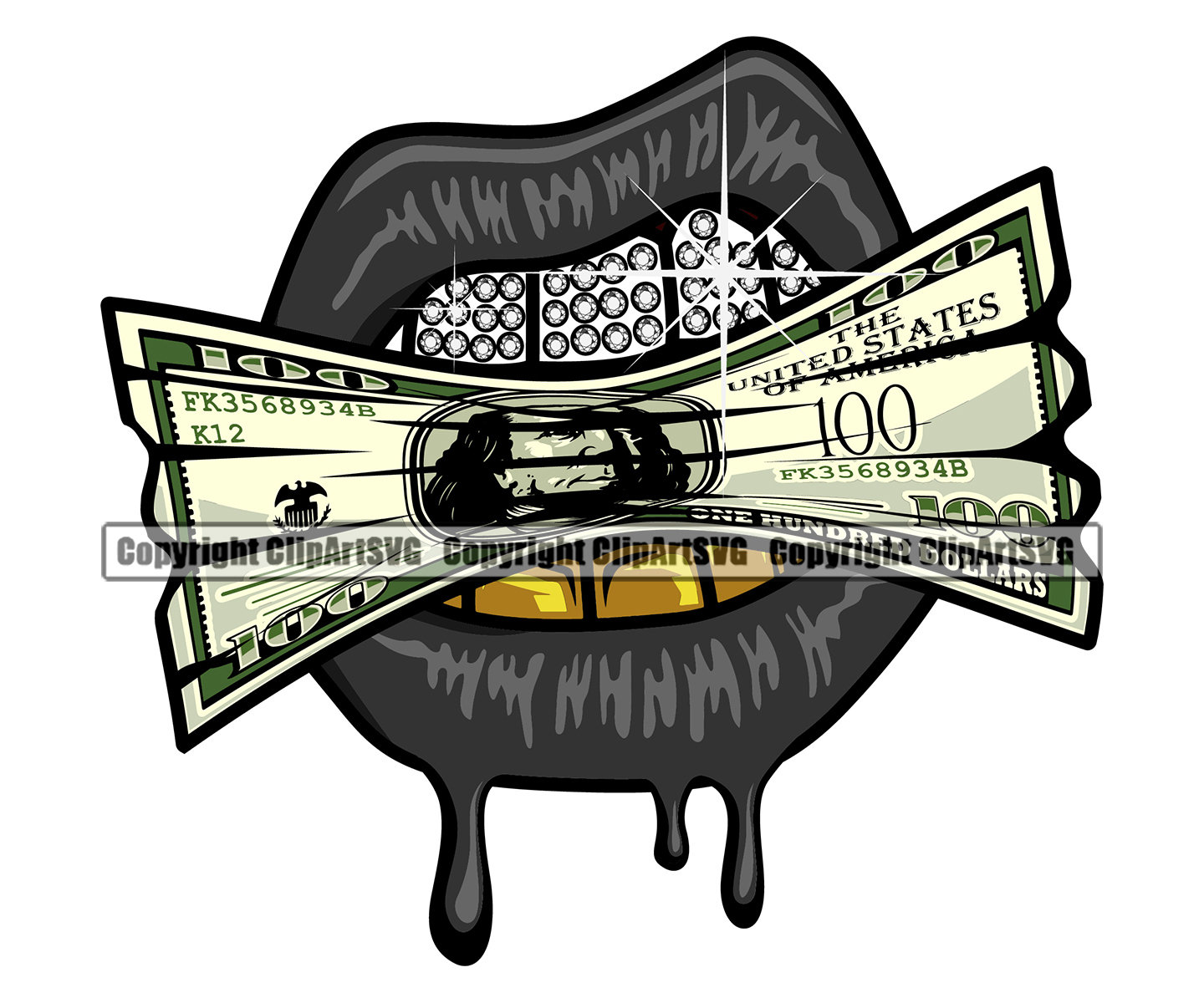 Lips Diamond Gold Teeth Bite Money Drip Cash 100 Dollar Bill Mouth Mask ...