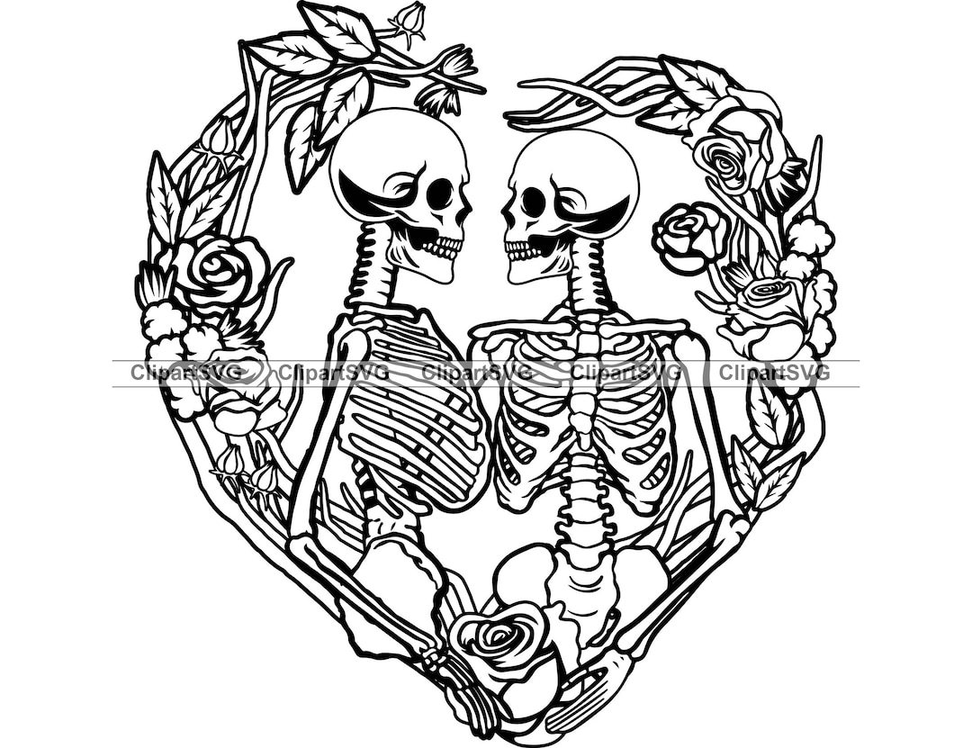 Skull Couple True Love Skeleton Valentine's Day Romantic Horror Gothic Wedding Heart Rose ...