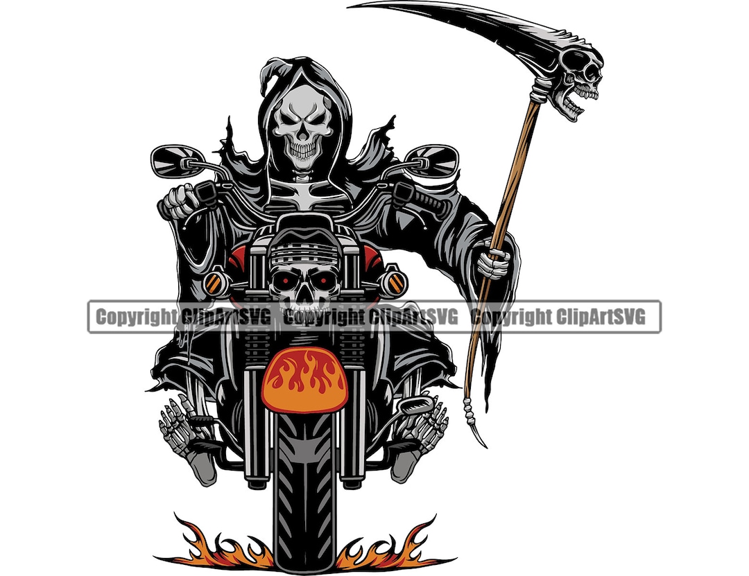 Grim Reaper Skeleton Biker Killer Skull Sickle Blade Fire Flame Evil ...