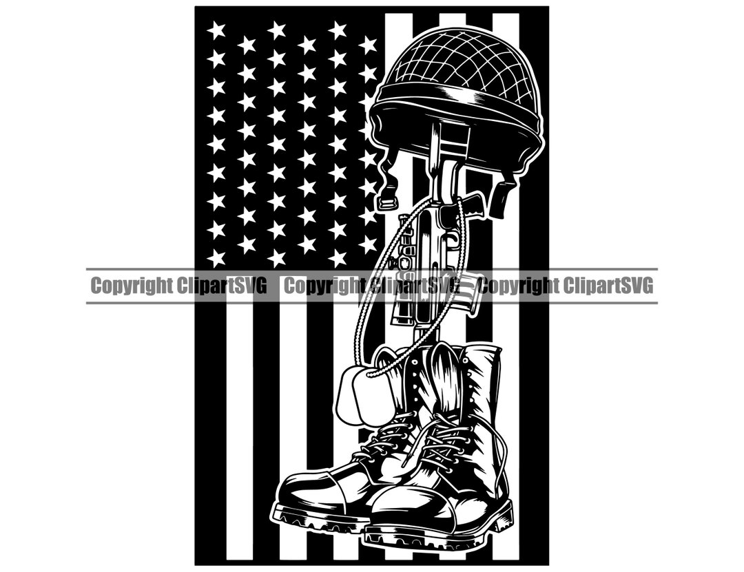 Fallen Soldier Vet Veteran Machine Gun Boots Helmet Dog Tag USA Flag ...