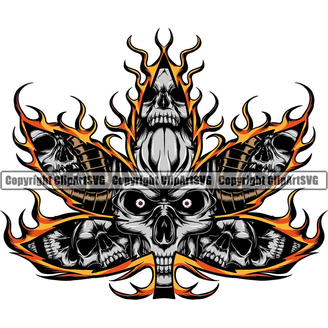 Skull Skeleton Marijuana Leaf Fire Flames Grin Grinning Pot Weed ...