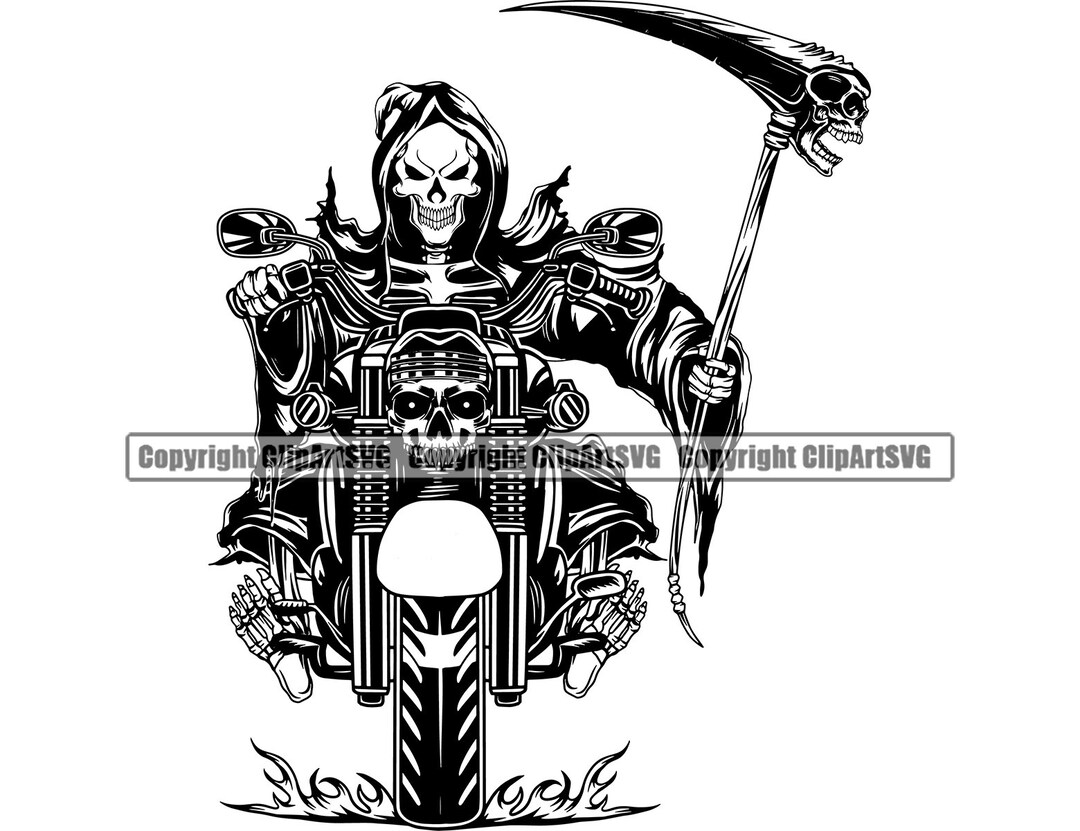 Grim Reaper Skeleton Biker Killer Skull Sickle Blade Fire Flame Evil ...
