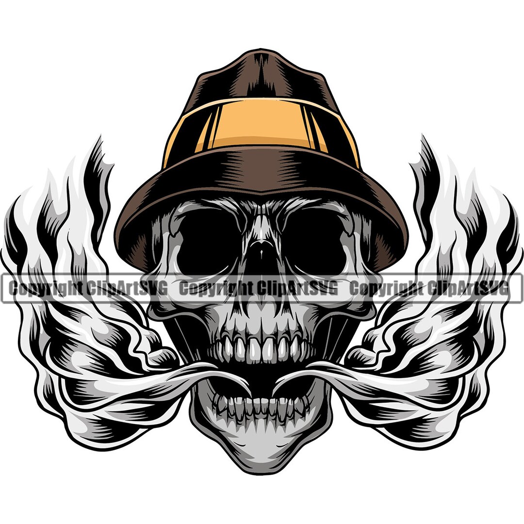 Skull Skeleton Blowing Smoke Smoking Smoker Fedora Hat Cap Thug Biker ...
