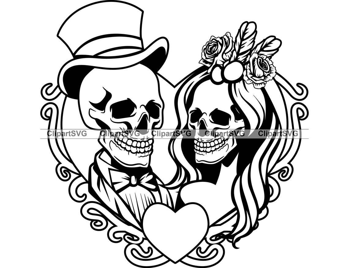 Skull Lovers Skeleton Couple Love Male Top Hat Female Flower Holiday ...