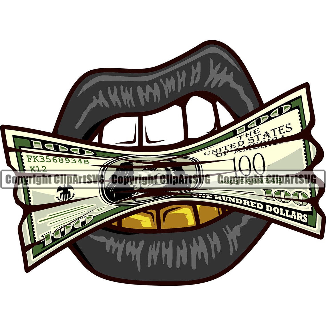 Lips Gold Teeth Bite Money Drip Cash 100 Dollar Bill Mouth | Etsy