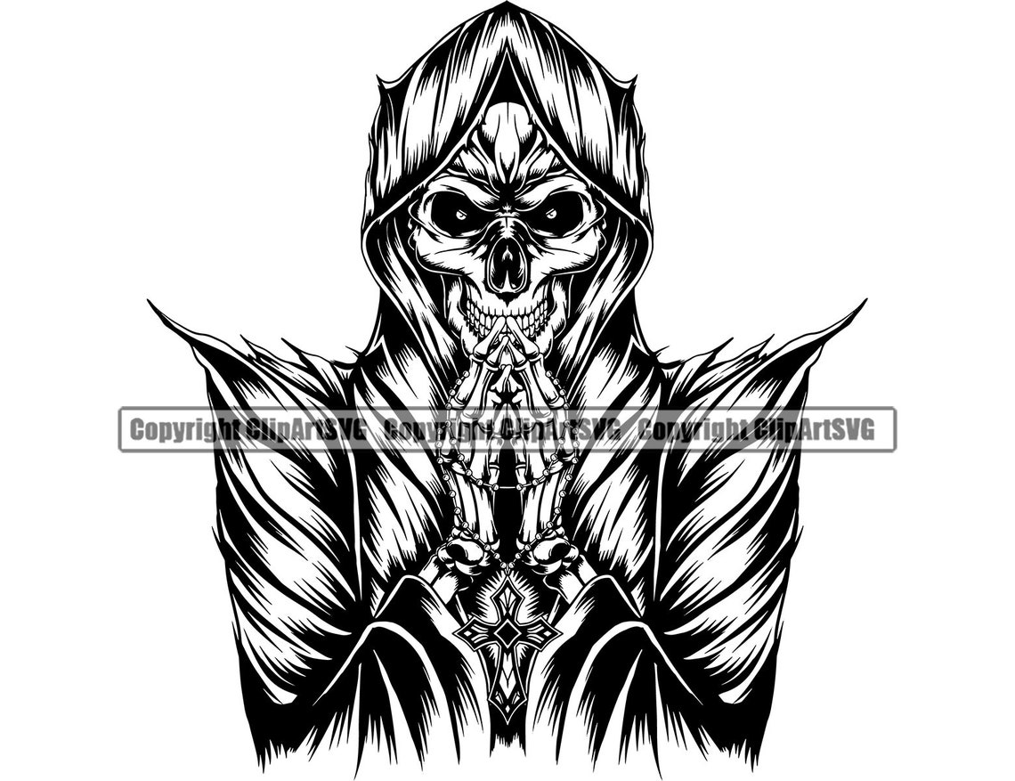 Grim Reaper Skull Skeleton Grin Grinning Praying Hands Cross Death Evil ...