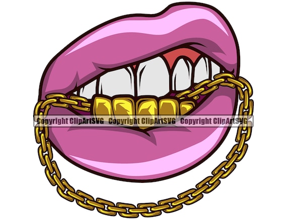 Visual Arts Drawing & Drafting Lips Mouth Bite Gold Chain Teeth Rich ...