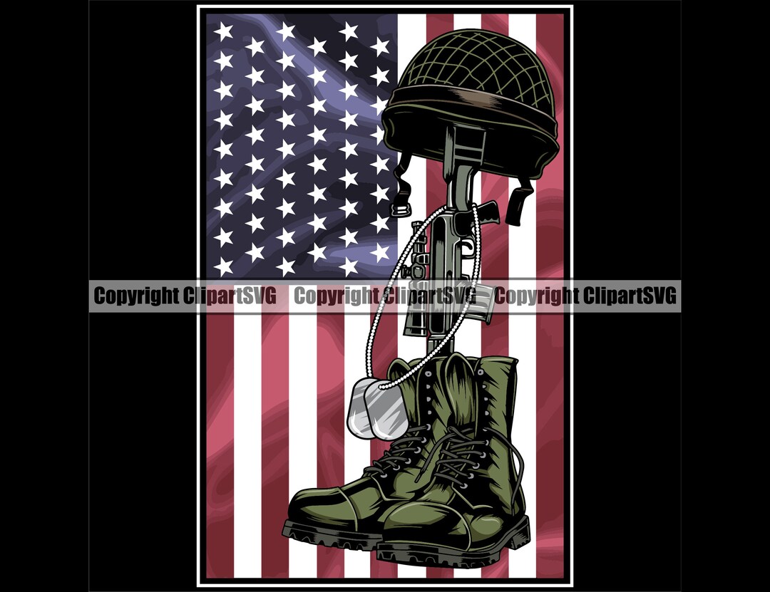 Fallen Soldier Vet Veteran Machine Gun Boots Helmet Dog Tag USA Flag ...