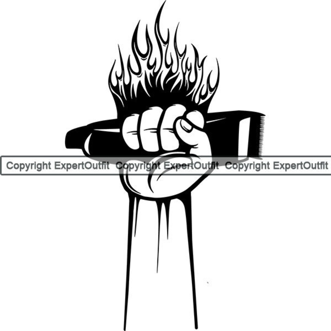 Barber Logo Clippers Hand Fist Hold Fire Flames Salon Shop Haircut Hair ...