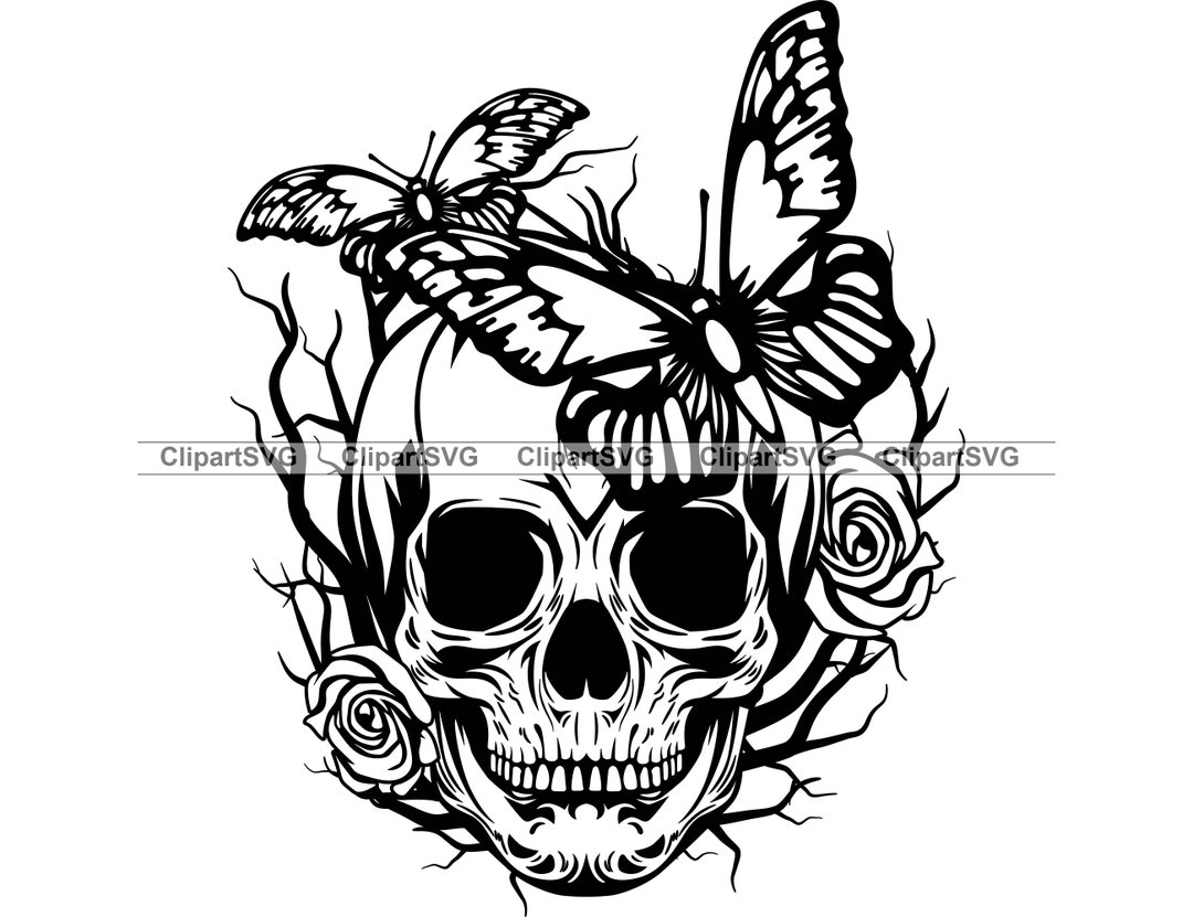 Cute Skull Butterfly Rose Flower Dead Skeleton Head Death Gothic Horror ...