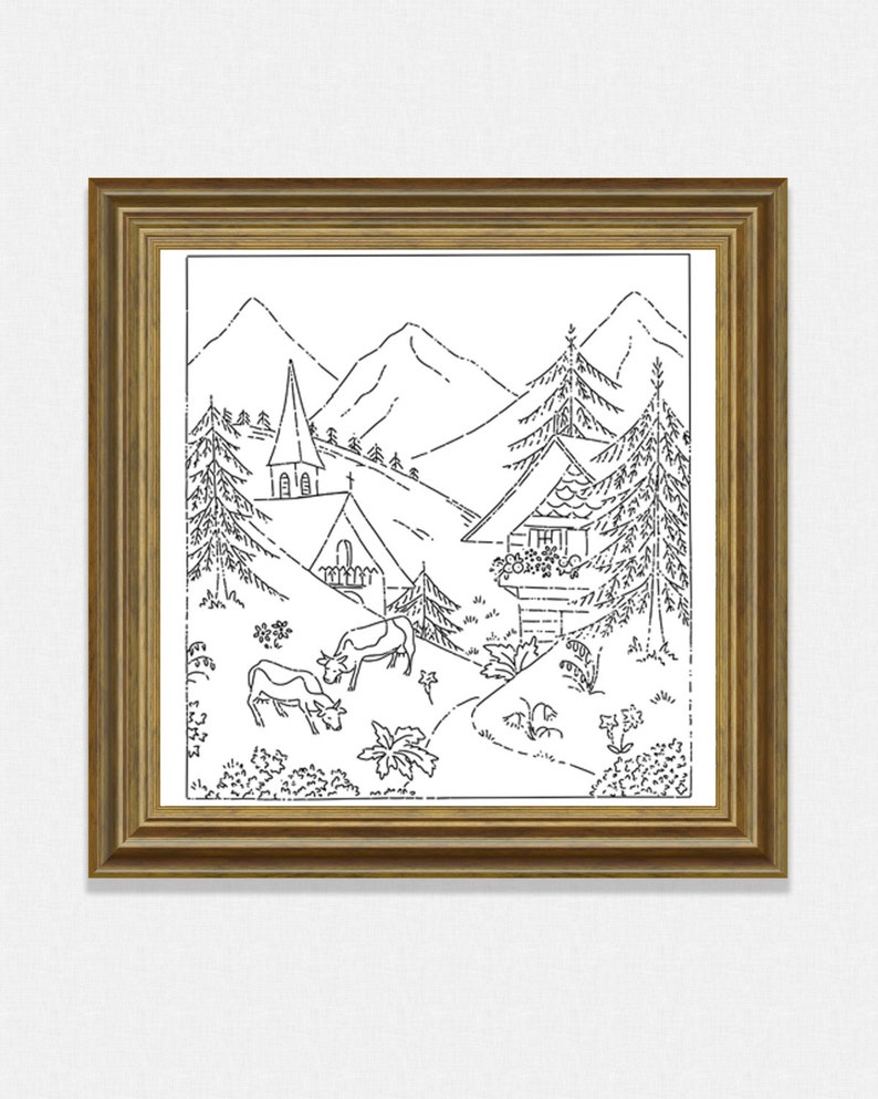 Alpine Village Hand Embroidery Pattern, Vintage Embroidery Pattern ...
