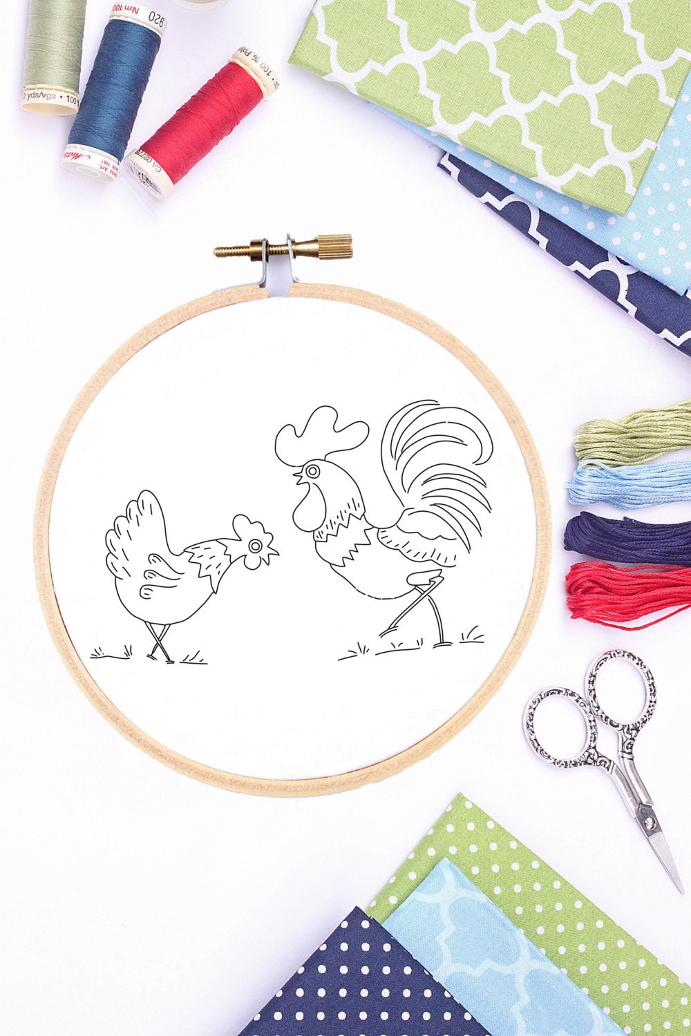 Rooster and Hen Hand Embroidery Pattern, Vintage Hand Embroidery Design ...