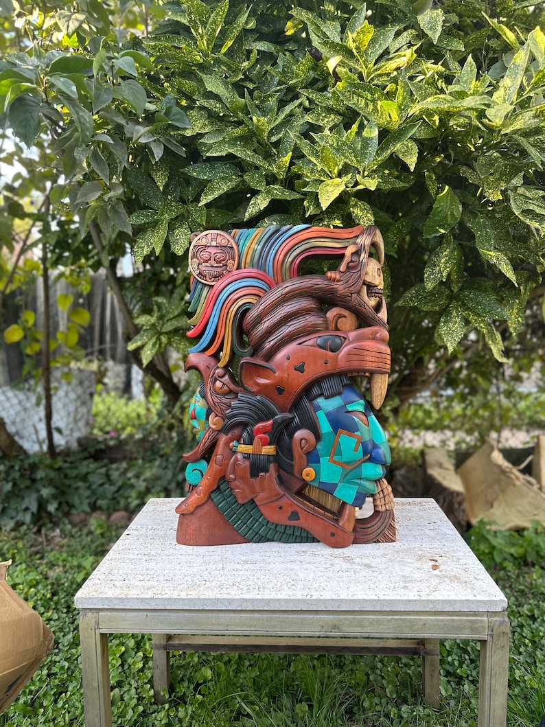 Large Mayan Profile Warrior Hand Carved Cedar Wood Serpent Skull Jaguar ...