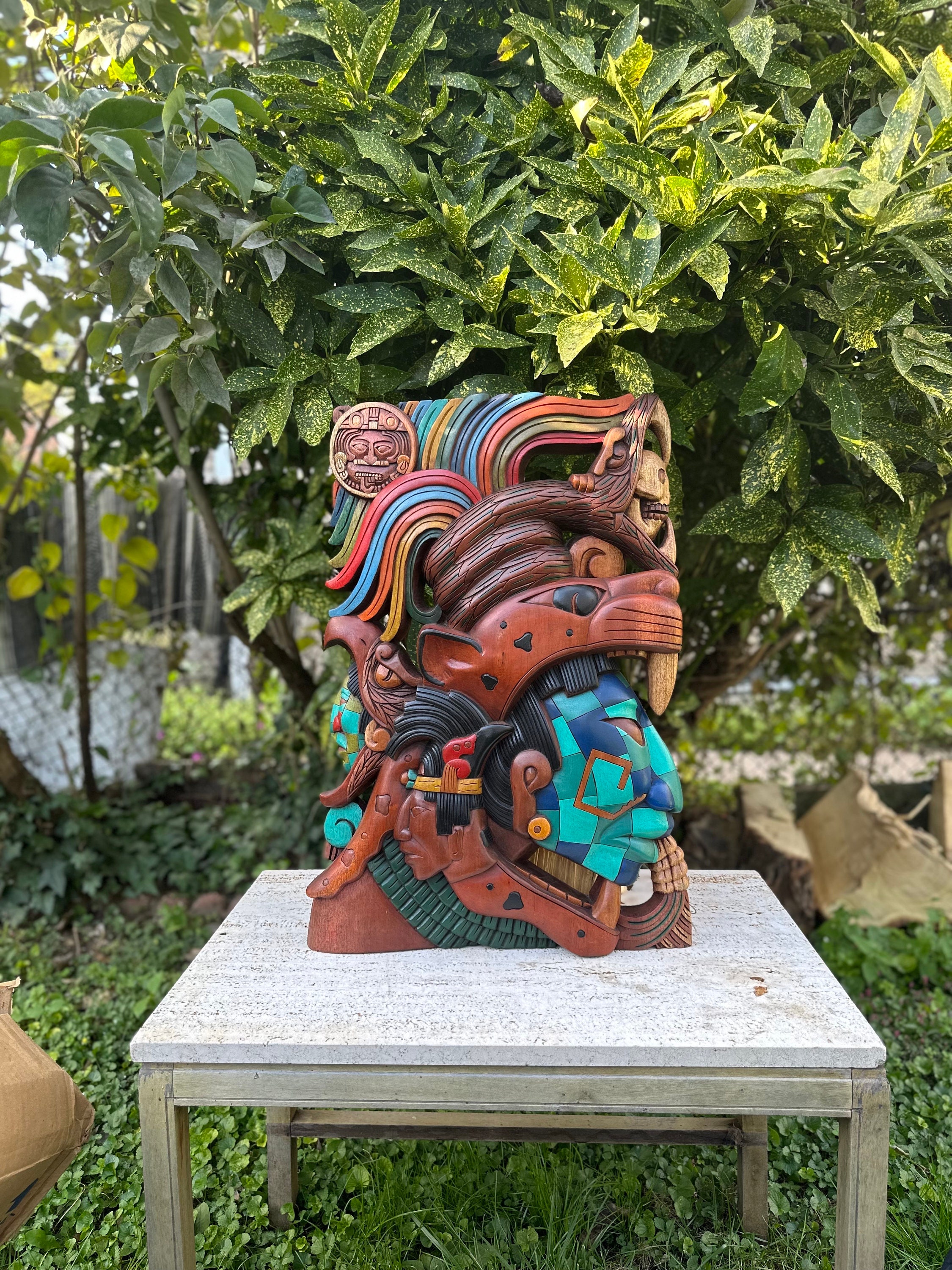 Large Mayan Profile Warrior Hand Carved Cedar Wood Serpent Skull Jaguar ...
