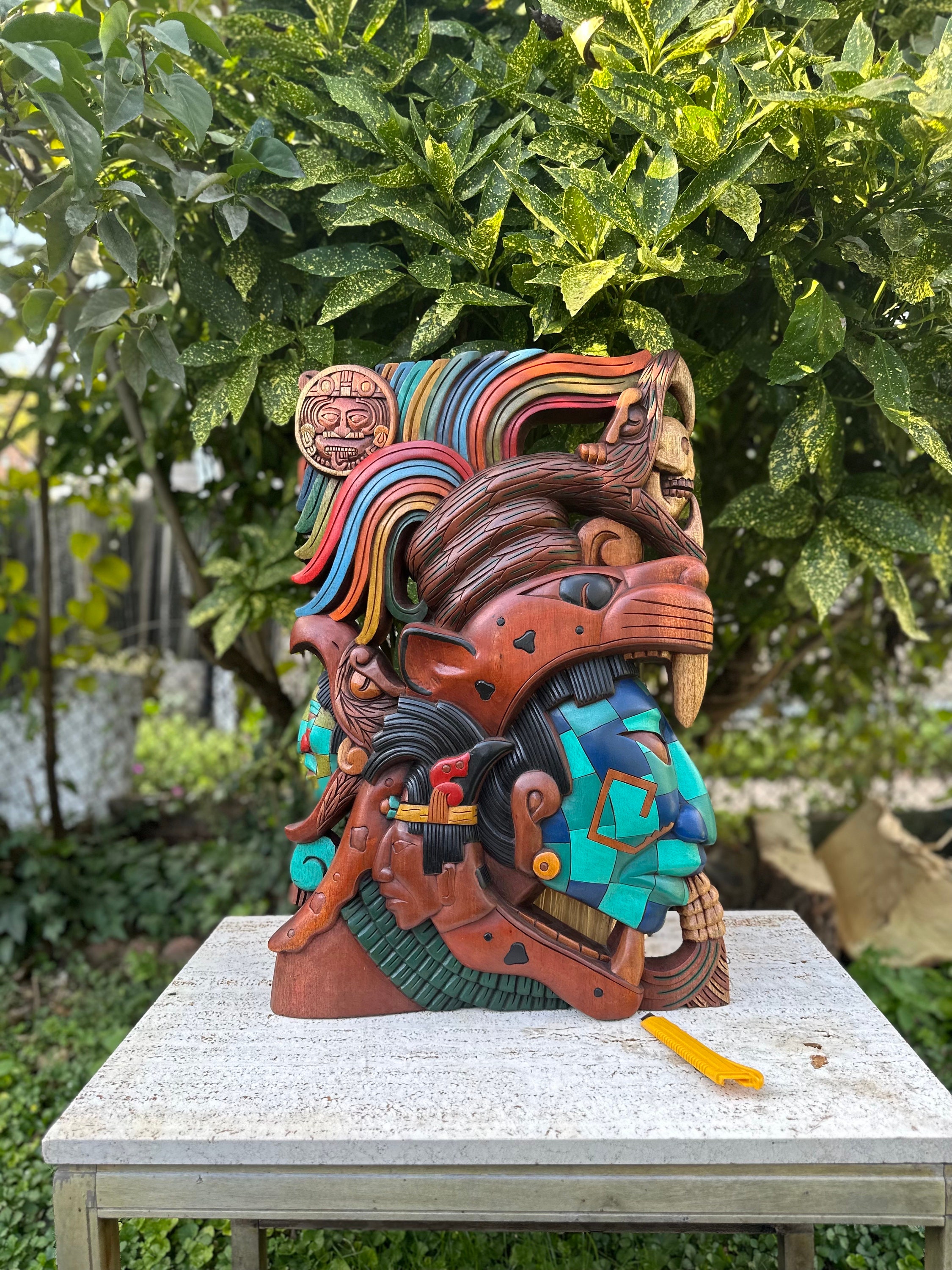 Large Mayan Profile Warrior Hand Carved Cedar Wood Serpent Skull Jaguar ...
