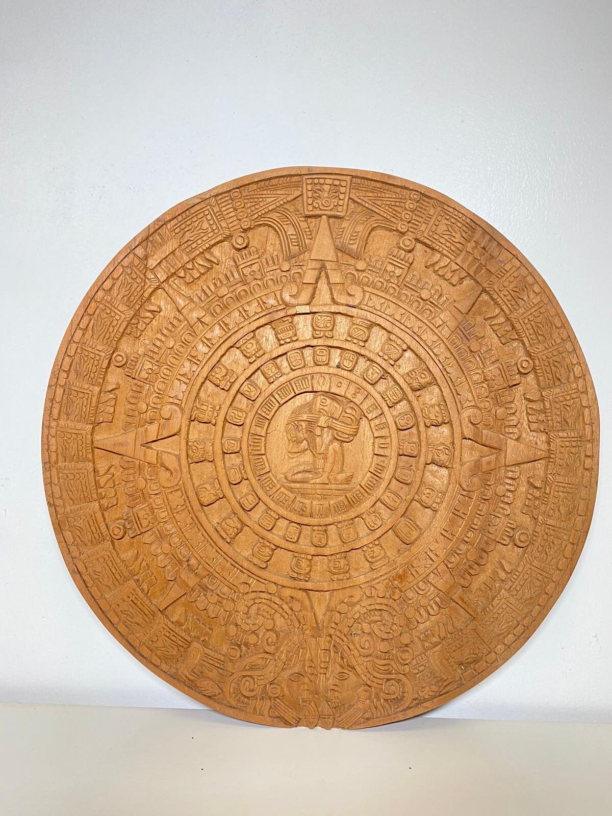 Aztec Calendar Hand Carved Cedar Wood Natural Highly Detailed Excellent ...