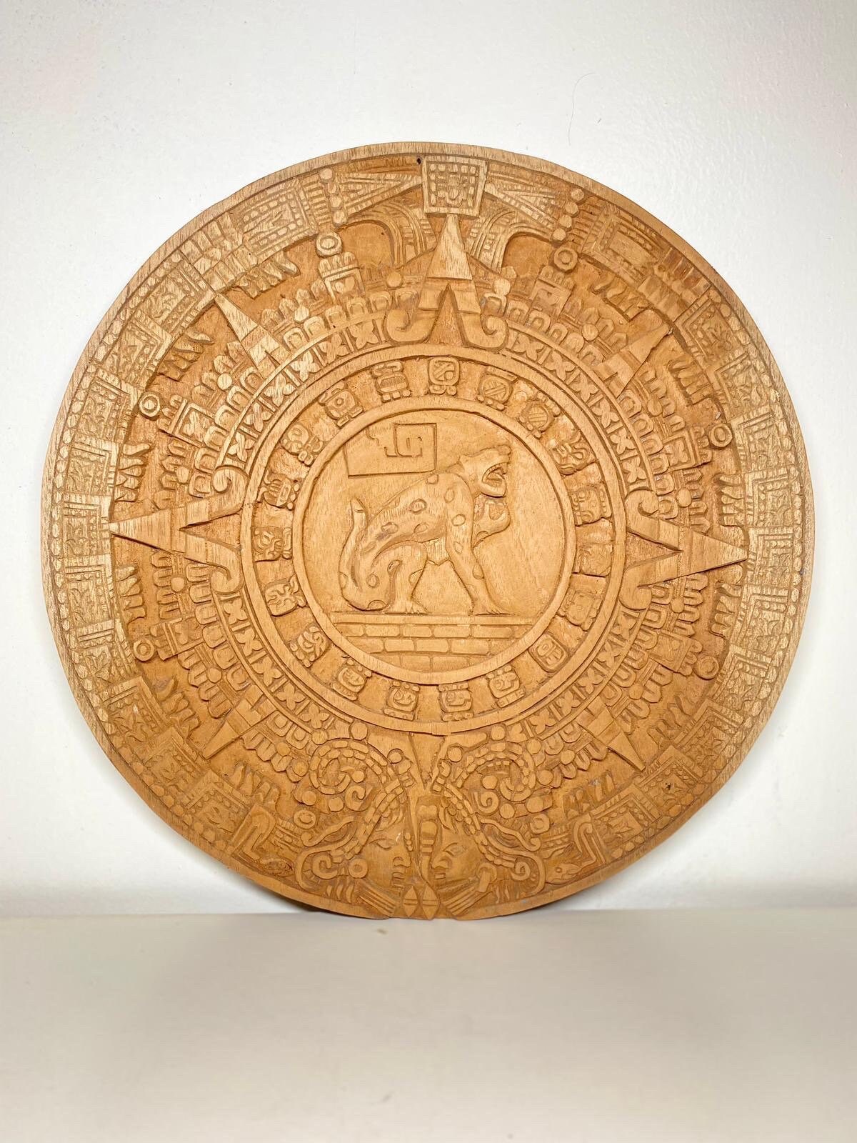 Aztec Calendar Hand Carved Cedar Wood Natural Highly Detailed Excellent ...