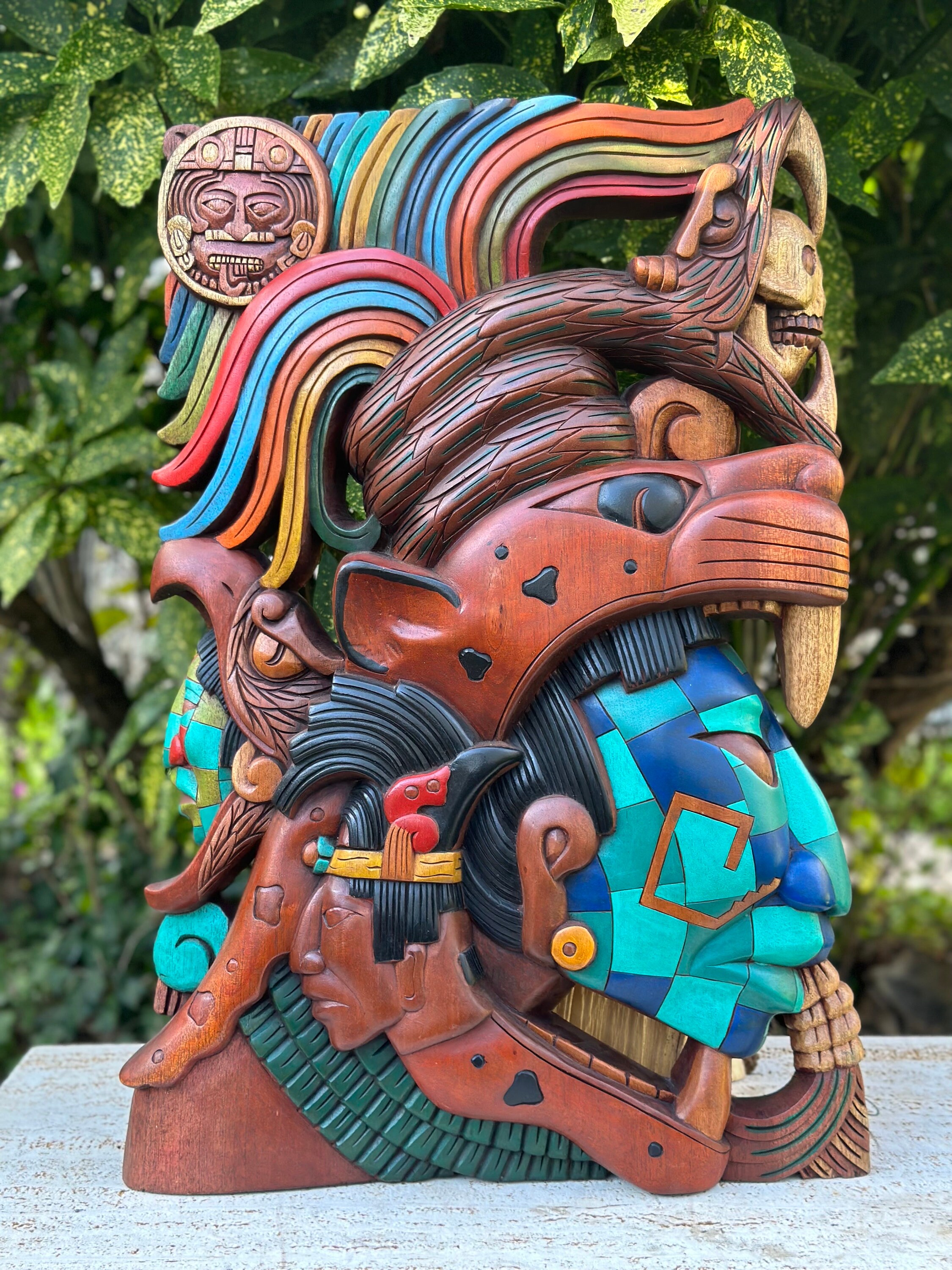 Large Mayan Profile Warrior Hand Carved Cedar Wood Serpent Skull Jaguar ...