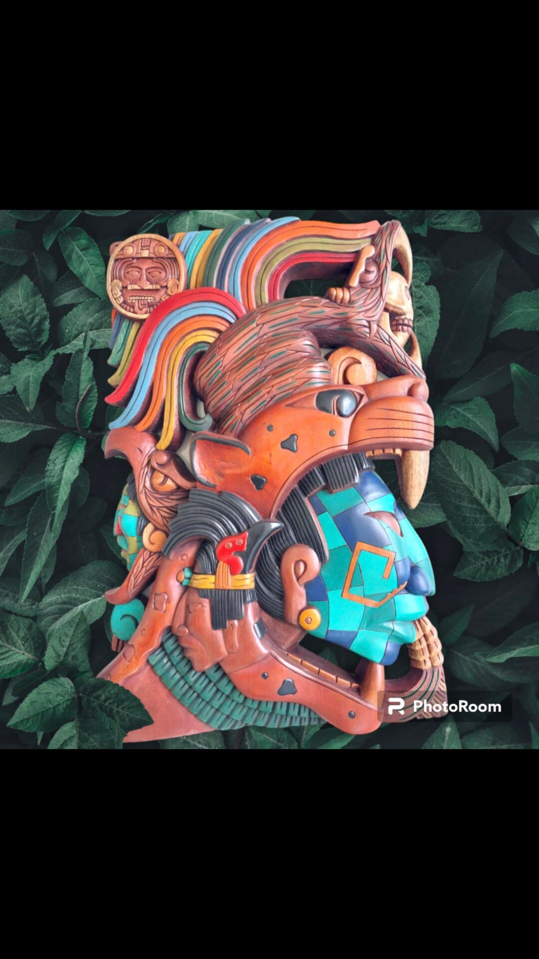 Large Mayan Profile Warrior Hand Carved Cedar Wood Serpent Skull Jaguar ...