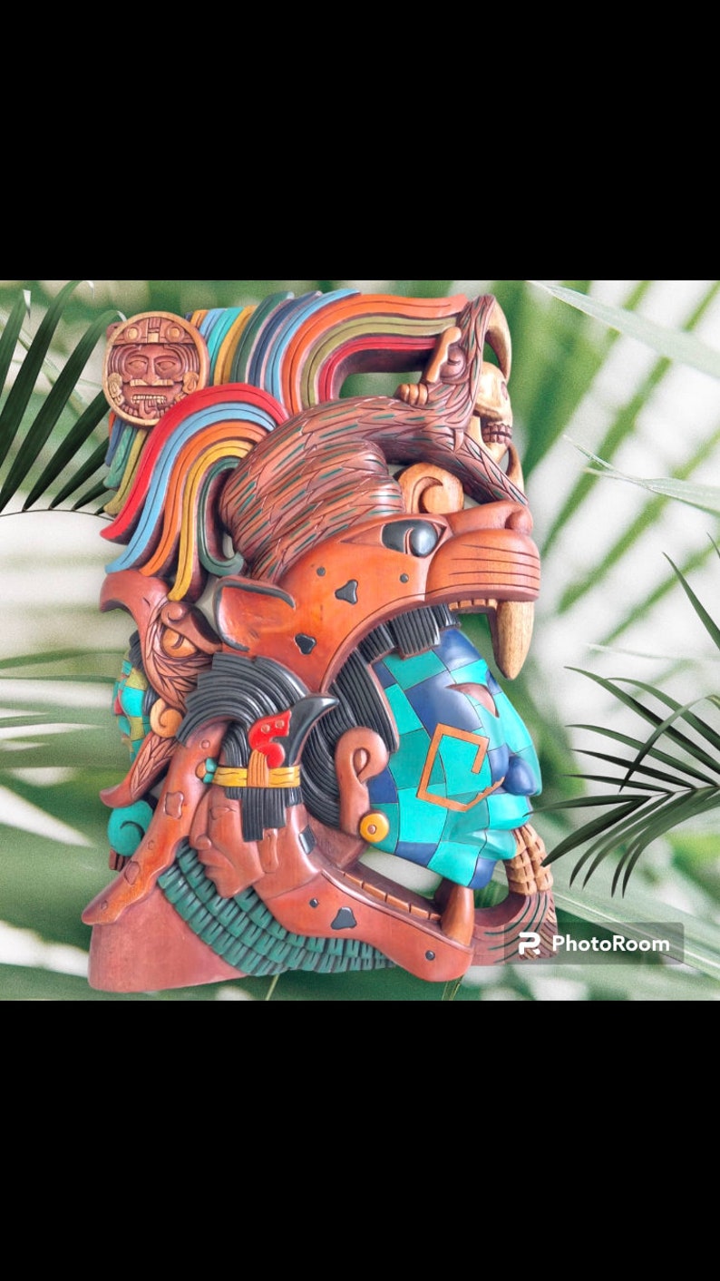 Large Mayan Profile Warrior Hand Carved Cedar Wood Serpent Skull Jaguar ...