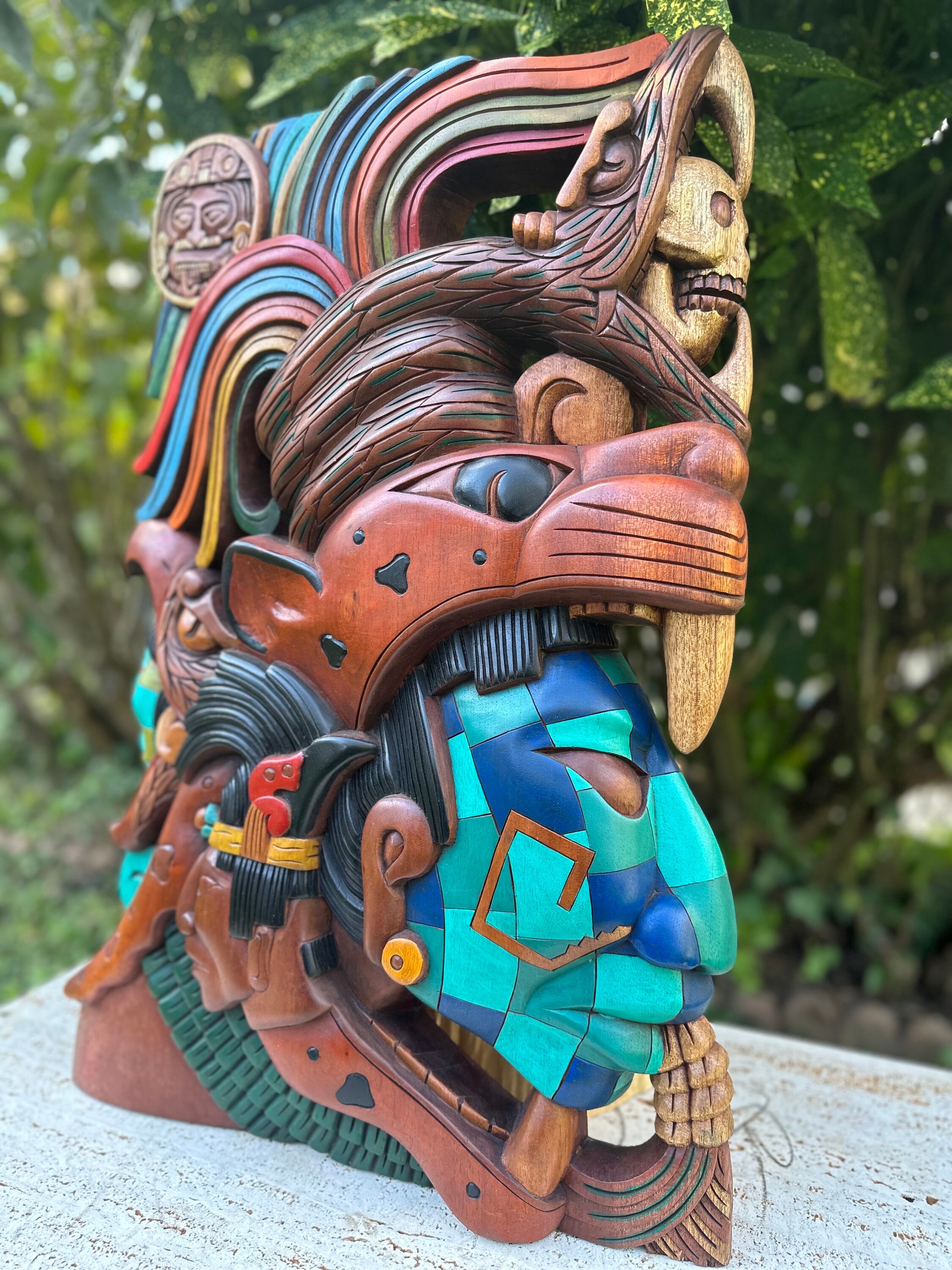 Large Mayan Profile Warrior Hand Carved Cedar Wood Serpent Skull Jaguar ...