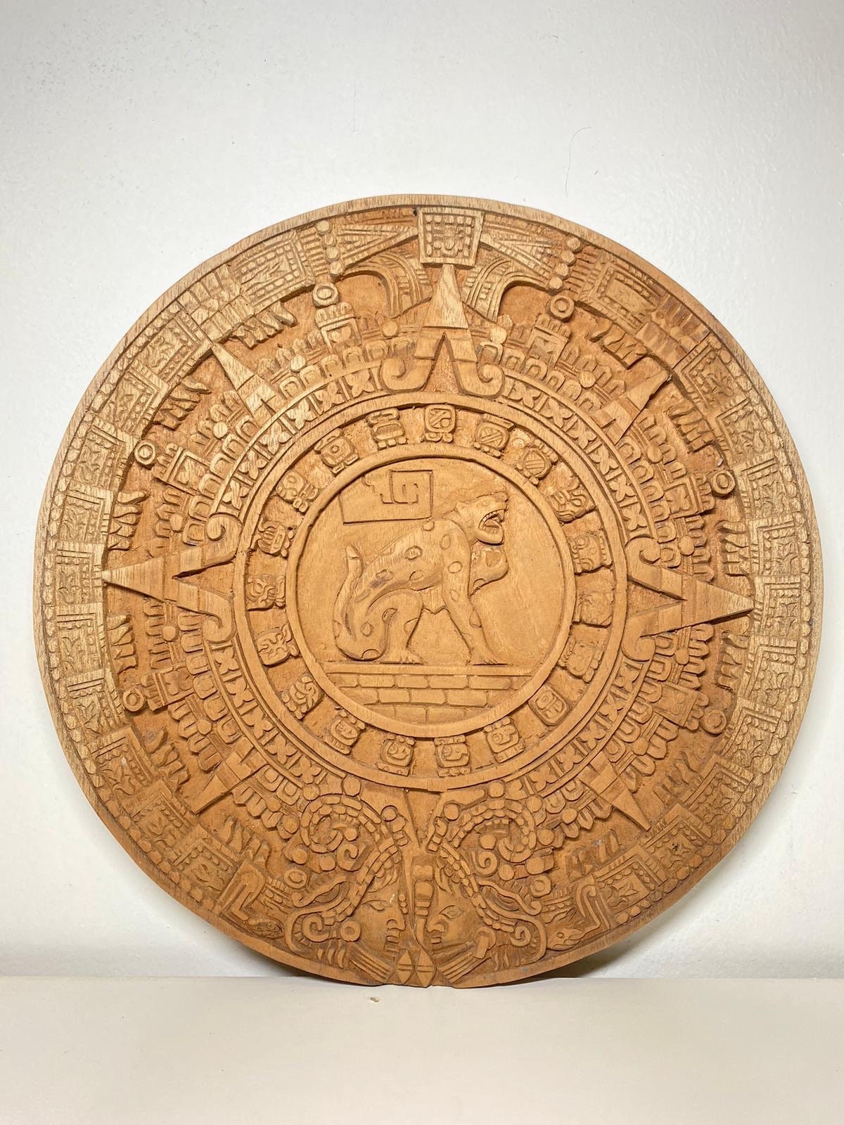 Aztec Calendar Hand Carved Cedar Wood Natural Highly Detailed Excellent ...