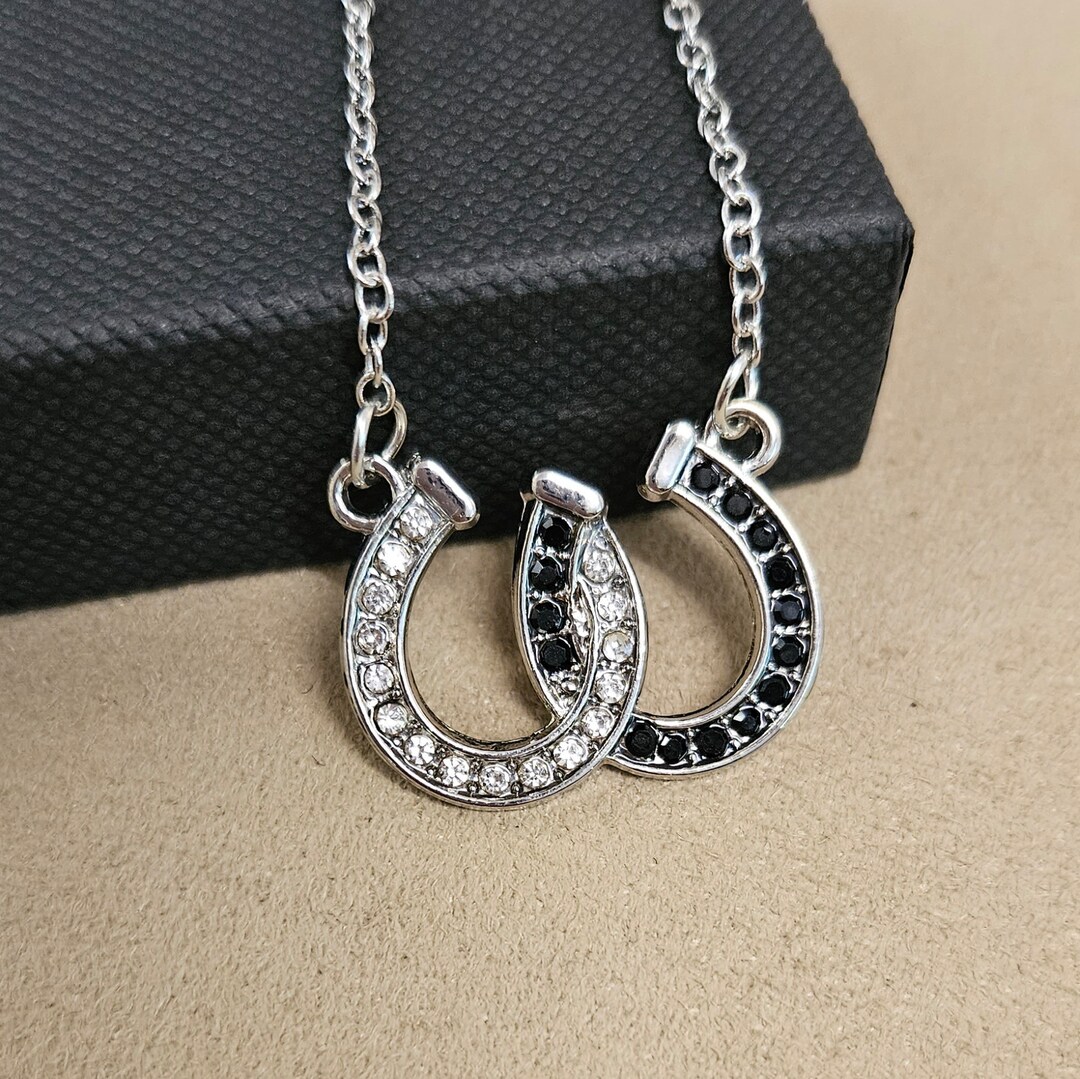 Double Horseshoe Necklace Silver and Rhinestones. Equestrian Gift ...