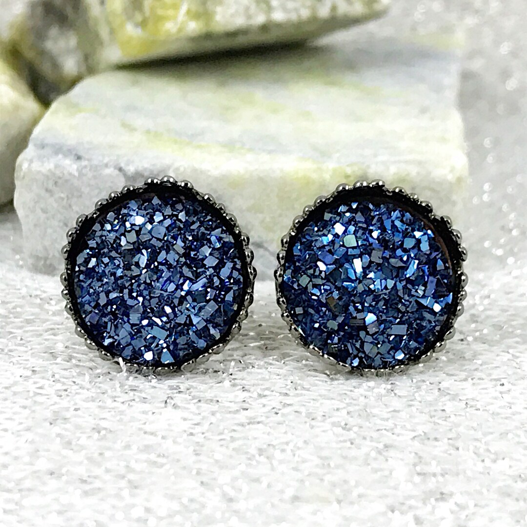 Midnight Blue Druzy Stud Earrings for Women Dark Blue Druzy - Etsy