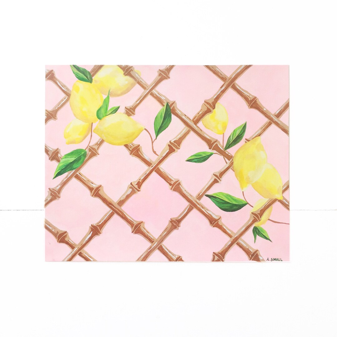 Chinoiserie Lemon Print, Pink Palm Beach Chic Giclee, Bamboo Lattice ...